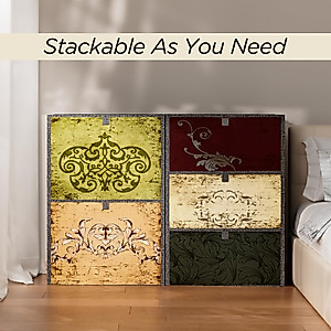 VASICAR 5 Pack Stackable Storage Boxes with Metal Frame & Pull-down Lid, Foldable Storage Cube Bins Shoe Containers Boxes for Bedroom, Pattern