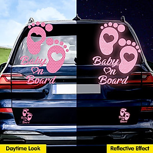 2PCS Baby on Board Stickers for Cars, Nouiroy Reflective Baby in Car Stickers and Decals Cute Feet Car Window Clings Safety Warning Sign Waterproof Auto Vinyl Sticker, Pink