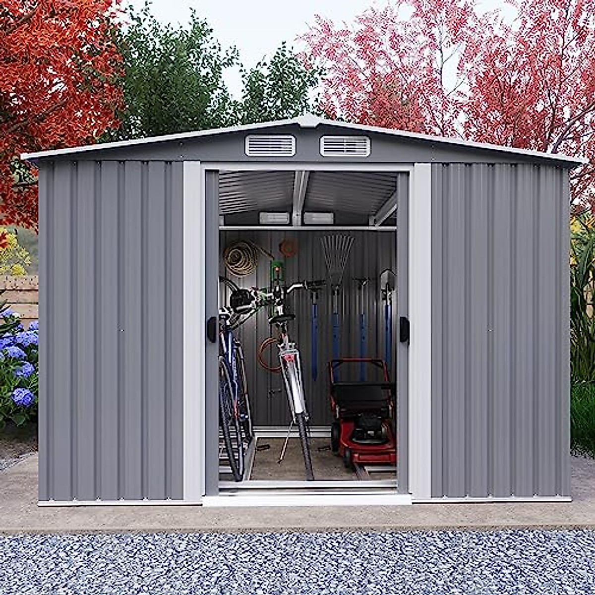 Goohome 8x6 FT Sheds & Outdoor Storage, Sturdy Metal Galvanized Steel Garden Storage Shed W/Lockable Sliding Doors, Built-in-Handles, 4 Air Vents, Waterproof Spacious Utility Tool Storage Bike Shed