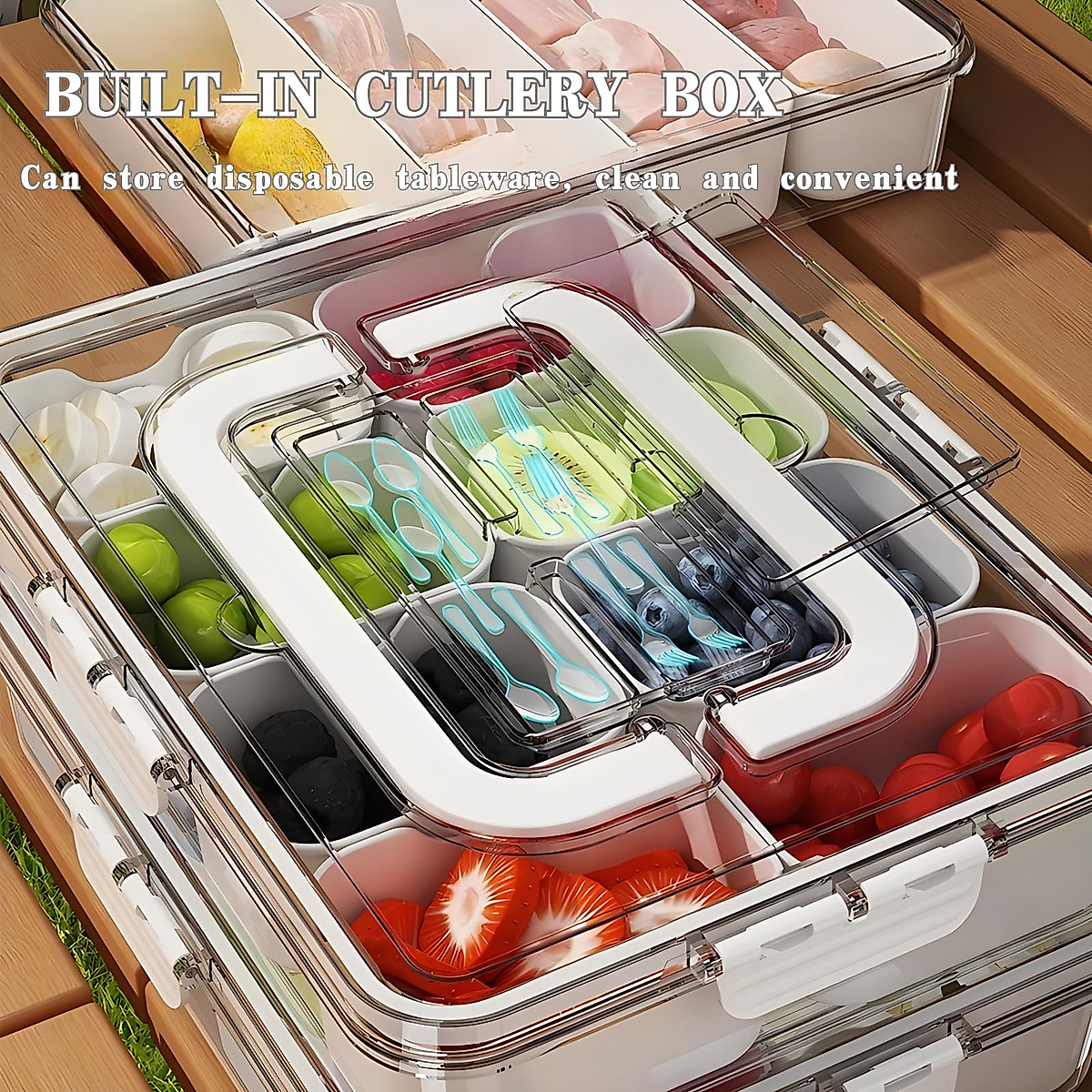 Snackle Portable Charcuterie Container, Upgraded Divided Serving Tray With Lid and Handle, Disposable Fork and Spoon Storage Box for Party, Travel, Kitchen Seasoning Organizer