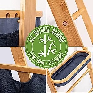 SerenelifeHome Wooden Bath Towel Ladder Rack with Drying Bar Storage Holder and Hamper Basket - Wall Leaning Decorative Blanket Throw Hanger Stand for Bathroom Floor Standing Modern Room Organizer