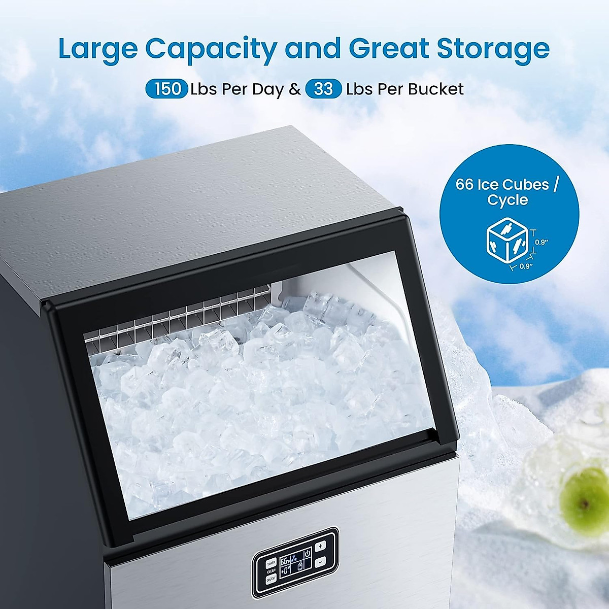 Commercial Ice Maker Machine, 150lbs/24H with 33 Lbs Storage Bin, 66 Pcs Ice Cubes 8Mins, Tap Add Water Freestanding Stainless Steel Ice Machine Self-Cleaning for Home Bar Office