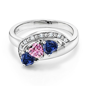 Gem Stone King 925 Sterling Silver Pink Moissanite and Blue Created Sapphire and White Created Sapphire Engagement Ring For Women (1.31 Cttw, Gemstone, Heart Shape 4MM, Size 7)