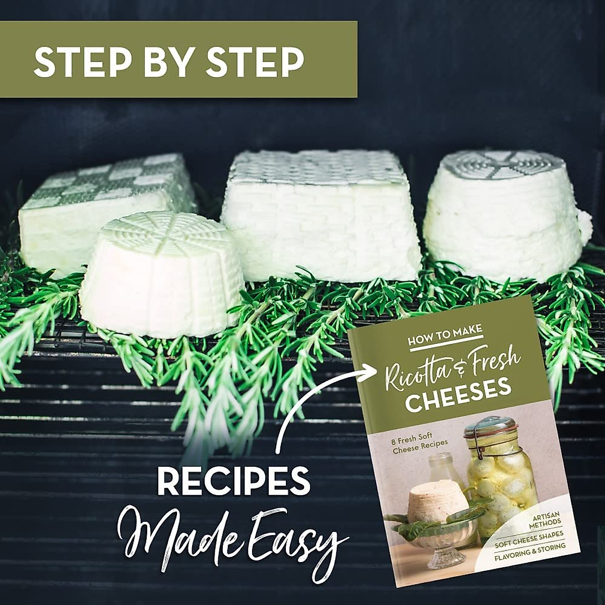 Easy Cheesemaking Set | 5 Cheese Molds + Cheese Making Book | Made in Italy | Recipes to Make Ricotta, Paneer, Goats Cheese, Quark and More | Professional Cheese Press Basket Mold Set of Strainers