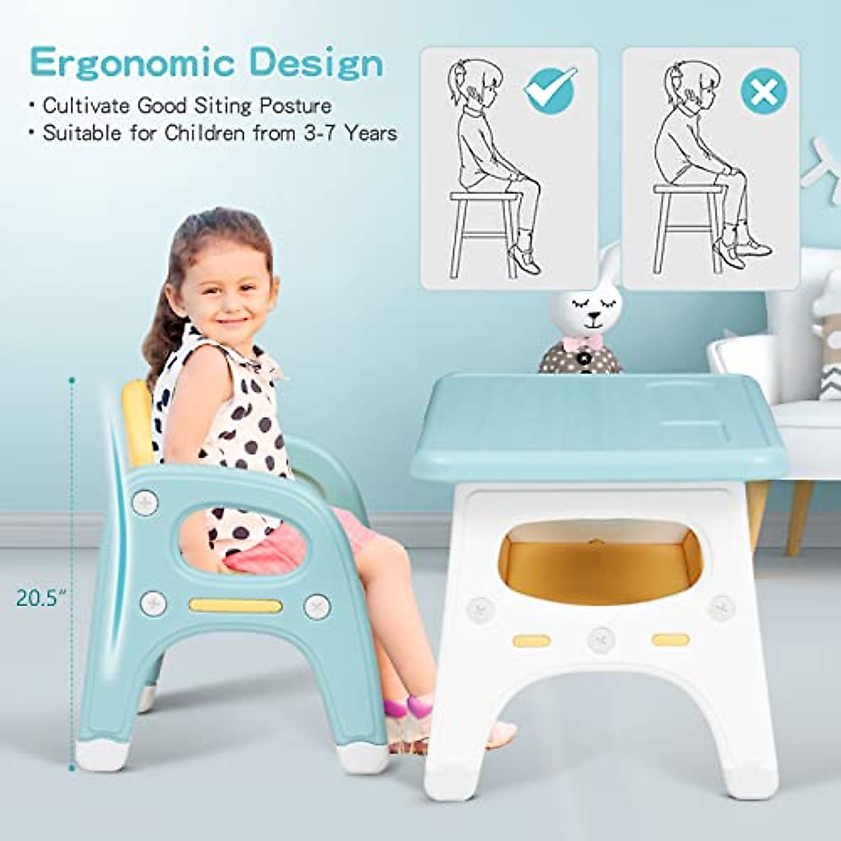 Elepude Kids Table and Chairs Set Plastic Durable Toddler Table and Chair Set -Children Activity Table and 2 Chairs for Drawing, Painting, Arts and Crafts, Gift for Boys Girls (Blue&Yellow)