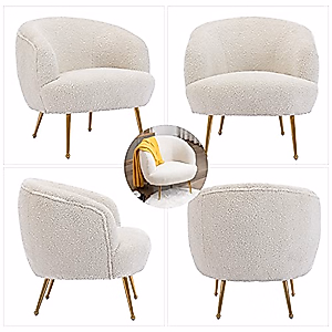 DUOMAY Modern Accent Chair Armchair Sherpa Upholstered Barrel Chair with Golden Legs Comfy Lounge Chair Single Sofa Armchair Club Chair for Living Room Bedroom Office,White