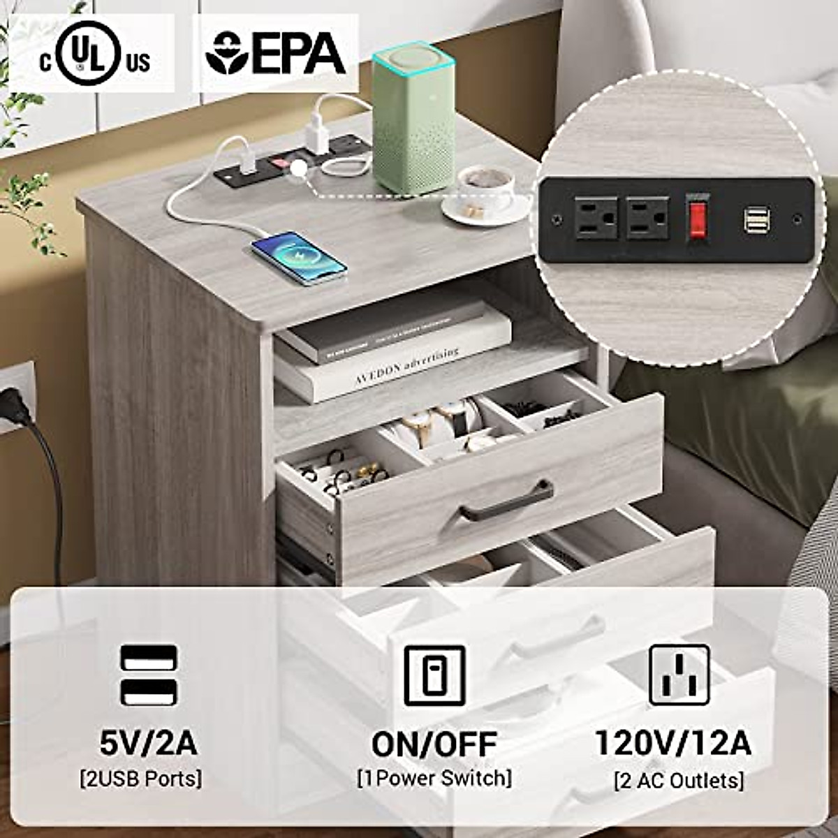 Tiptiper Nightstand Set of 2 with Charging Station,Grey Night Stands for Bedroom,Bedside Table with Drawers & USB Ports, 13.8D x 15.8W x 23.6H in