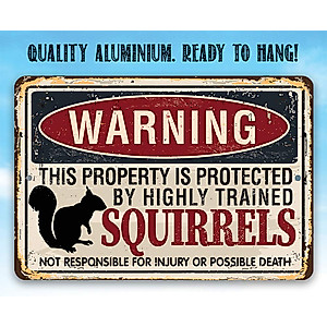 Metal Sign - Warning Property Squirrels - Durable Metal Sign - Use Indoor/Outdoor - Cute and Funny Garden Decor and Gift Under $20 (8" x 12")