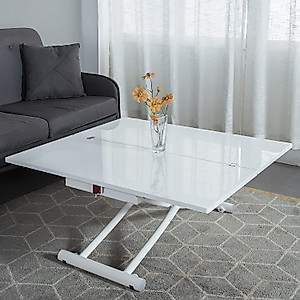 MYSELFLY Living Room Dinning Tables Folding Metal Lift Bracket Multifunction Transform Dinner Kitchen Coffee Tea End Table in Home Wood Desktop Design 40x35 White