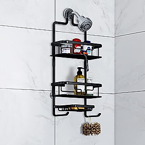 UDENIS Haning Shower Cadddy Bathroom Organizer for Shampoo,Conditioner,Soap,with Hooks for Razors,Towels,Over Shower Head Shelf Aluminum 3Tier black