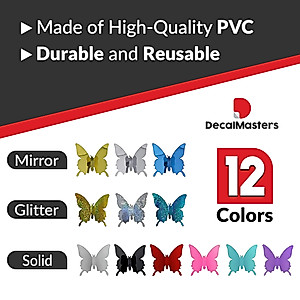 DecalMasters 24pcs Blue Glitter 3D Butterfly Wall Decals - 3 Sizes Butterflies Decor for Wall Removable Mural Stickers Home, Party, Cake and Room Decoration, Bedroom Decor DIY Gift (Blue Glitter, 24)