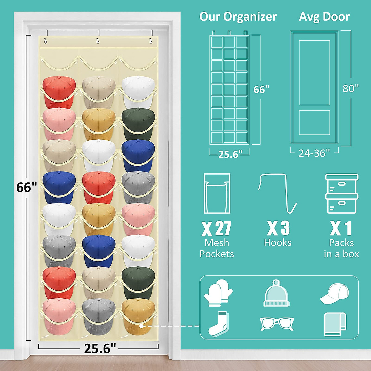 Hat Rack for Baseball Caps 27 Pockets Hat Organizer Hanging Over The Door Hat Storage Organizer for Closet Wall With Clear Pockets & 3 Hooks Caps Hat Holder Hanger for Baseball & Sport Caps,Cowboy Hat