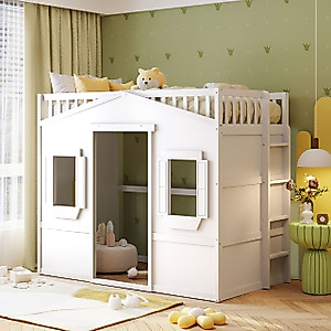 Merax Twin Size Wood Loft Bed, House Bed Frame with Ladder and Safety Guardrails for Kids, No Box Spring Needed, White