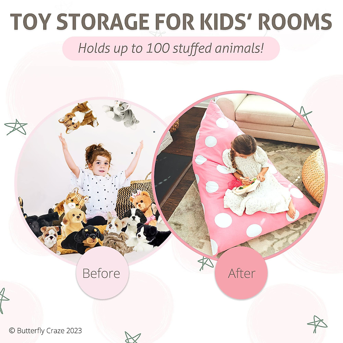 Butterfly Craze Bean Bag Chair Cover, Functional Toddler Toy Organizer, Fill with Stuffed Animals to Create a Jumbo, Comfy Floor Lounger for Boys or Girls, Stuffing Not Included, Light Pink Polka Dots