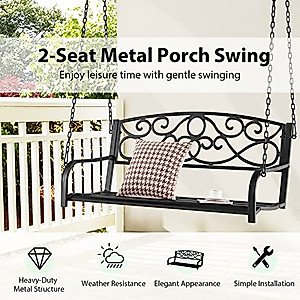 Giantex Metal Porch Swings 2 Person Outdoor Hanging Garden Bench with Sturdy Chains, Wide Seat & Curved Armrests, 485 Lbs Weight Capacity Swing Loveseat for Deck, Backyard Patio Swing Chair (Black)