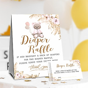 50 Diaper Raffle Tickets and 1 Self-standing Diaper Raffle Sign, Bear Boho Floral Baby Gender Reveal Party Supplies, Gender Neutral Baby Shower Decorations - LBLK-013