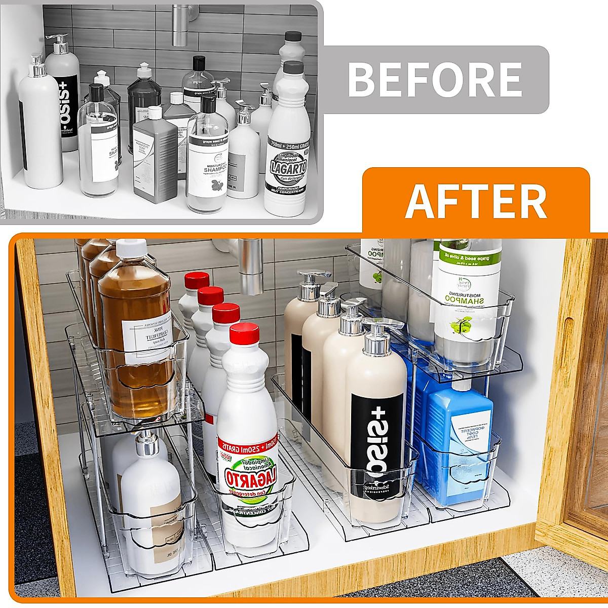 14.8" Deep 2 Set 2 Tier Under Sink Organizers and Storage,5.1” Narrow Pull Out Bathroom Cabinet Organizer for Kitchen,Pantry Organizer,Cleaning Products Organizer and Medicine Cabinet Storage,Clear