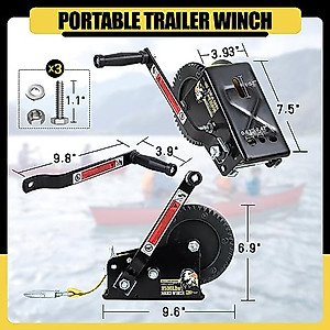 BeckTour Boat Trailer Winch, 3500Lbs Hand Winch with 33 FT Strap with Hook, 2 Way Ratchet, 4:1/8:1 Gear Ratio, Boat Winch for Trailers, Truck ATV