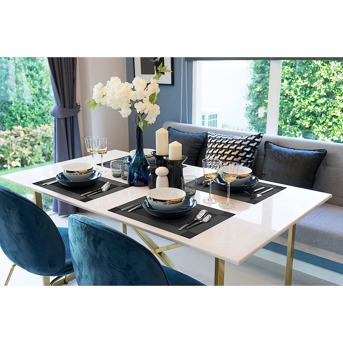 More Décor Dining Table Placemats, Washable Heat-Resistant PVC Vinyl Table Mats for Dining Room and Kitchen, Anti-Slip - Set of 6 -Black