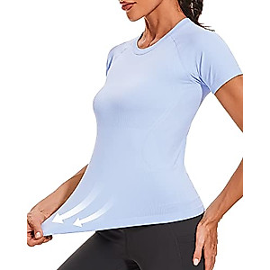Stelle Women Workout Shirts Seamless Short Sleeve Yoga Tops for Sports Running Breathable Athletic Slim Fit (Short Sleeve-Blue,S)