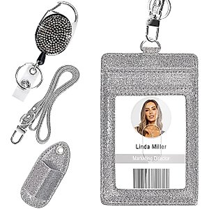 Retractable ID Badge Holder, Multipurpose Bling Rhinestone Badge Reel with Belt Clip, Shiny PU Leather Badge Holder with Lanyard and Pen Holder for Nurse, Teacher, Student, Office Worker (Silver)