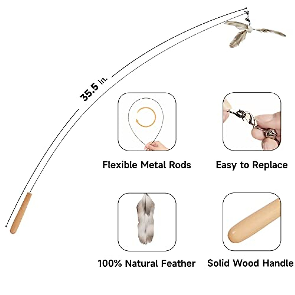 FUKUMARU Cat Wand Toy, 35.5 Inch Cat Feather Propeller Toy with Bell, Steel Wire Cat Toy for Indoor Cats with Natural Feather, Solid Wood Handle an Extra Cat Toy Feather Replacement
