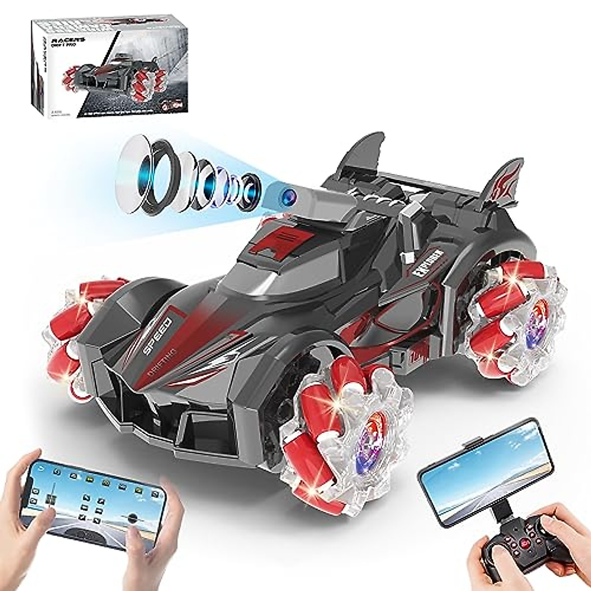 RC Car with Camera for kids, Remote Control 360°Rotating High Speed Stunt Vehicle Toy for Boys and Girls, Rechargeable Racing Drift Cars with Flashing Lights and Dynamic Sound for Adults