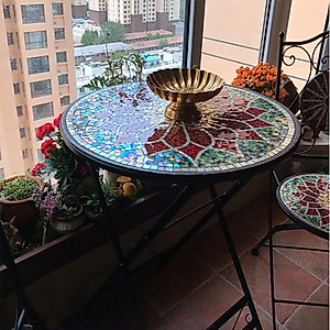 XIAOLIN Mosaic Side Table，Outdoor Garden Patio Tile Top Accent Desk with Round Hand Painted Glass, 23.6" Diameter