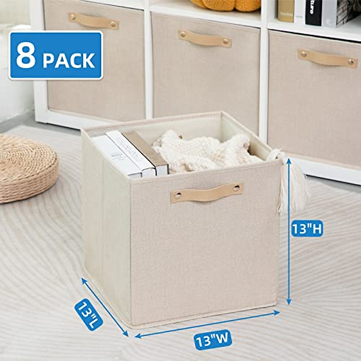 EvanColin Cube Storage Bins, Square Storage Cubes 13x13, Fabric Storage Cubes, 8 Pack Collapsible Storage Cube Bins for Shelves, Fabric Storage Bins for Home, Bedroom(Beige)