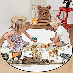 Round Area Rugs Children Crawling Mat Non-Slip Mat, Safari Residential Carpet for Living Room Rugs Decor, Illustration of Wild Savannahs African Animals Giraffe Lion Elephant Zebra, 5Ft(60In）