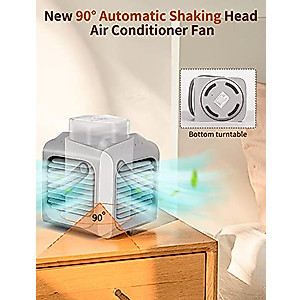 TANING Portable Air Conditioner, Personal Mini Air Cooler, 3 in 1 90° Automatic Head-Shaking Rechargeable Evaporative Air Cooler, 3 Fan Speed, 7 Colors LED Lights Cycle Gradient