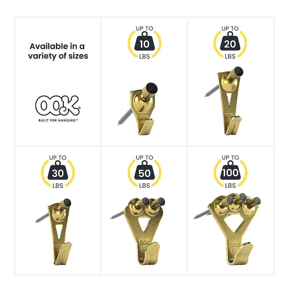 OOK 50615 Professional Picture Hangers, Art Hangers, Padded, Brass, Reusable Picture Hooks, 20lb (15 set)