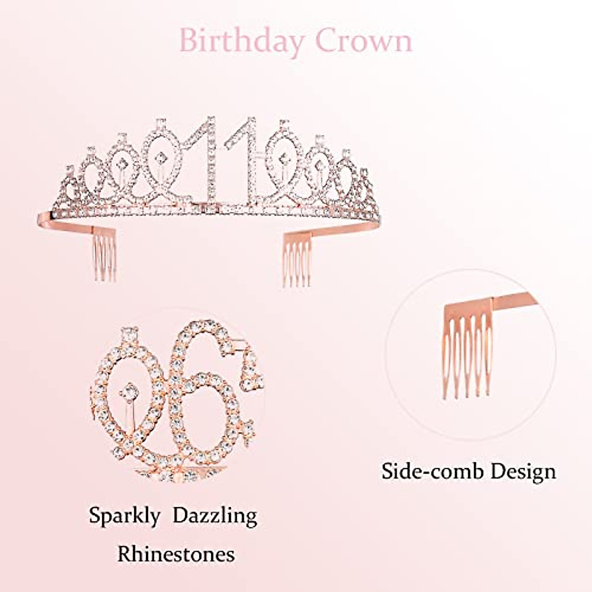 11th Birthday Decorations for Girls，Rose Gold 11 Birthday Crown Tiara ，Cake Topper, Birthday Sash with Peal Pin and Birthday Candles Kit,11th Birthday Gifts for Girls