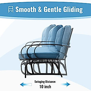 Tangkula 2-Person Outdoor Glider Bench, Swing Seat Bench with Seat & Back Cushions, Sturdy Rustproof Steel Frame, Smooth & Gentle Gliding Motion, Patio Rocking Loveseat for Backyard, Porch (Blue)