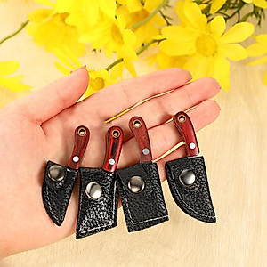 Zhehao 4 Pcs Mini Knife Keychain Pocket Knife Set Tiny Knife Key Chain Wooden Handle Small Leather Sleeve Knife Outdoor Portable Decorative Gift Package Unboxing Knife Letter Opener