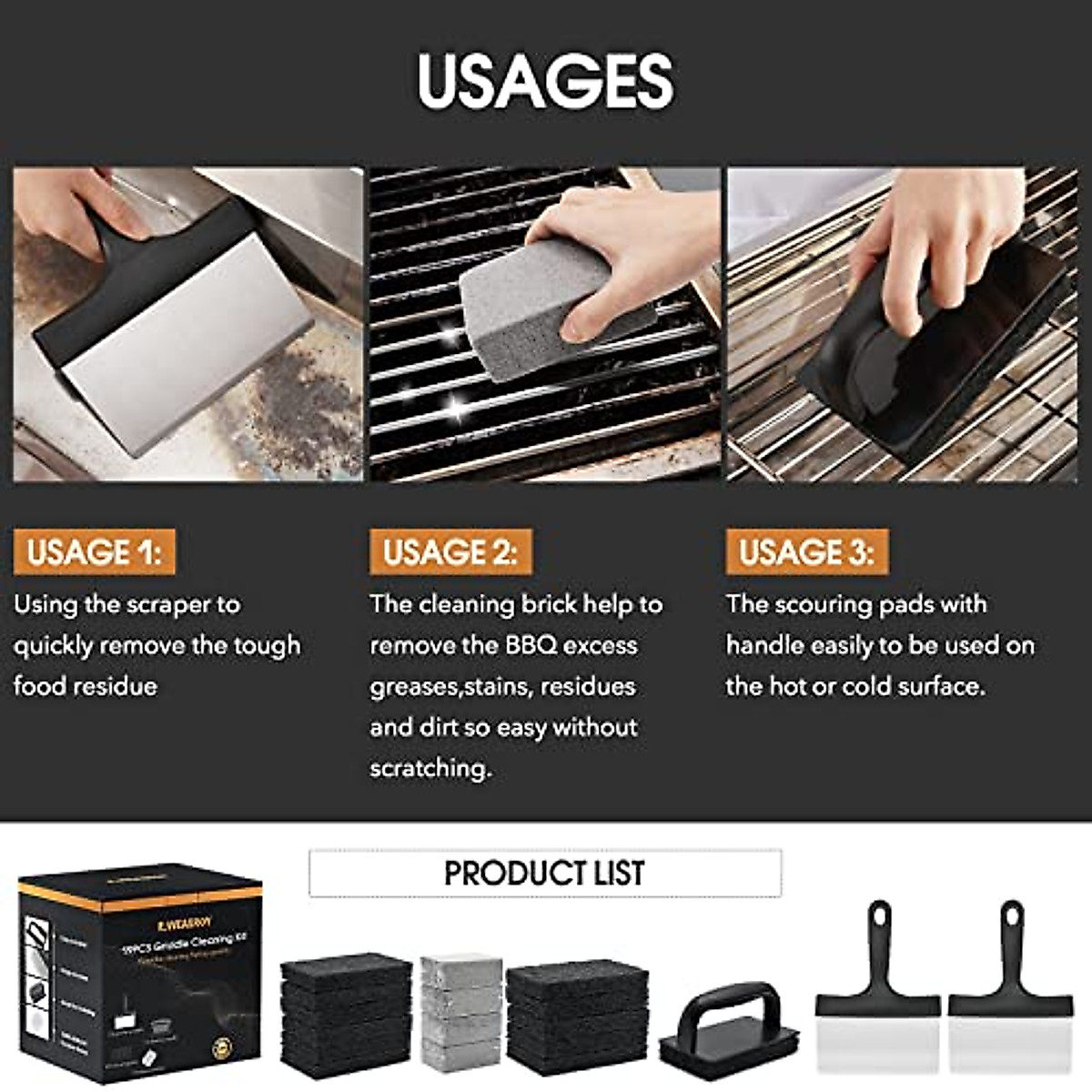 AWEASROY 19PCS Griddle Cleaning Kit for Blackstone, Heavy Duty Flat Top Grill Cleaning Kit, Remove Stain Easily 2 Grill Scrapers, 1 Cleaning Handle, 12 Scouring Pads, 4 Cleaning Bricks