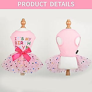 Dog Birthday Dress, It's My Birthday Pet Dog Outfit, Polka Dots Lace Tutu Dog Clothes for Small Dogs Girl, Cat Apparel, Pink, X-Small