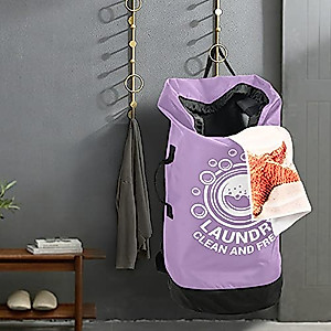 Purple Laundry Backpack Large Heavy Duty Laundry Bag with Shoulder Straps Waterproof Laundry Hamper Drawstring Closure Dirty Clothes Organizer for College Students Traveling Camp