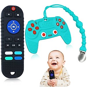 Silicone Baby Teething Toys, 2 Pack Teethers for Babies with Pacifier Clip, Game Remote Control Teether for Baby Boys Girls, Durable Sensory Chew Toys for Kids Toddlers Infants