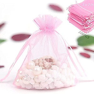 SQULIGT 100 Pcs Pink Organza Bags, 5 x 7 inches Christmas Wedding Favors Gift Drawstring Bags Jewelry Pouches Candy Mesh Pouches