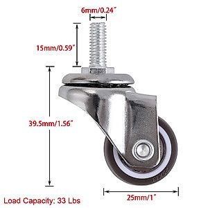 Skelang 4 Pcs 1" Swivel Stem Threaded Casters, TPE Mute Caster Wheel M6 ×15, Replacement for Carts Trolley, Baby Bed, Furniture Cabinet, Table, Total Load Capacity 99Lbs