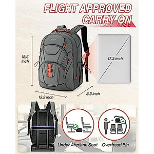 BAGSMART Large Travel Backpack for Women Men,Laptop Backpack Flight Approved Carry On Computer Bag Fits 17 Inch Laptop,Water Resistant Outdoor Backpack for Hiking Business,Grey