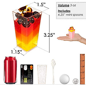 DLux 50 x 3 oz Mini Dessert Cups with Spoons, Square Tall - Glitter Plastic Parfait Appetizer Cup - Small re-usable Serving Bowl for Tasting Party Desserts Appetizers - with Recipe Ebook