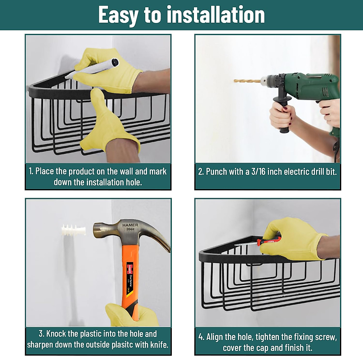 Stainless Steel Wall Mount Shower Caddy, Single Hook & Bath Wipe | Waterproof Durable Corner Shower Rack for Bathroom |Space Saving Bathroom Organizer & Storage for Shampoos Soap Bath Items | Black