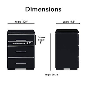 Finch Belmont Fully Assembled Nightstand Modern Mirrored Accent, Bedside End Table with Silver Handles, 3-Drawer, Black