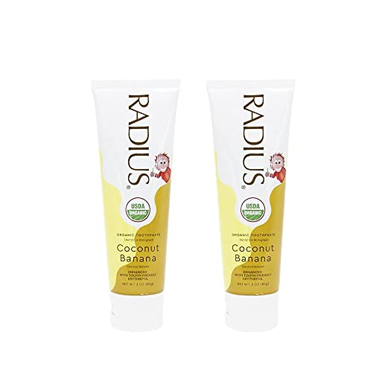 RADIUS USDA Organic Kids Toothpaste 3oz Non Toxic Chemical-Free Gluten-Free Designed to Improve Gum Health for Children's 6 Months and Up - Coconut Banana - Pack of 2