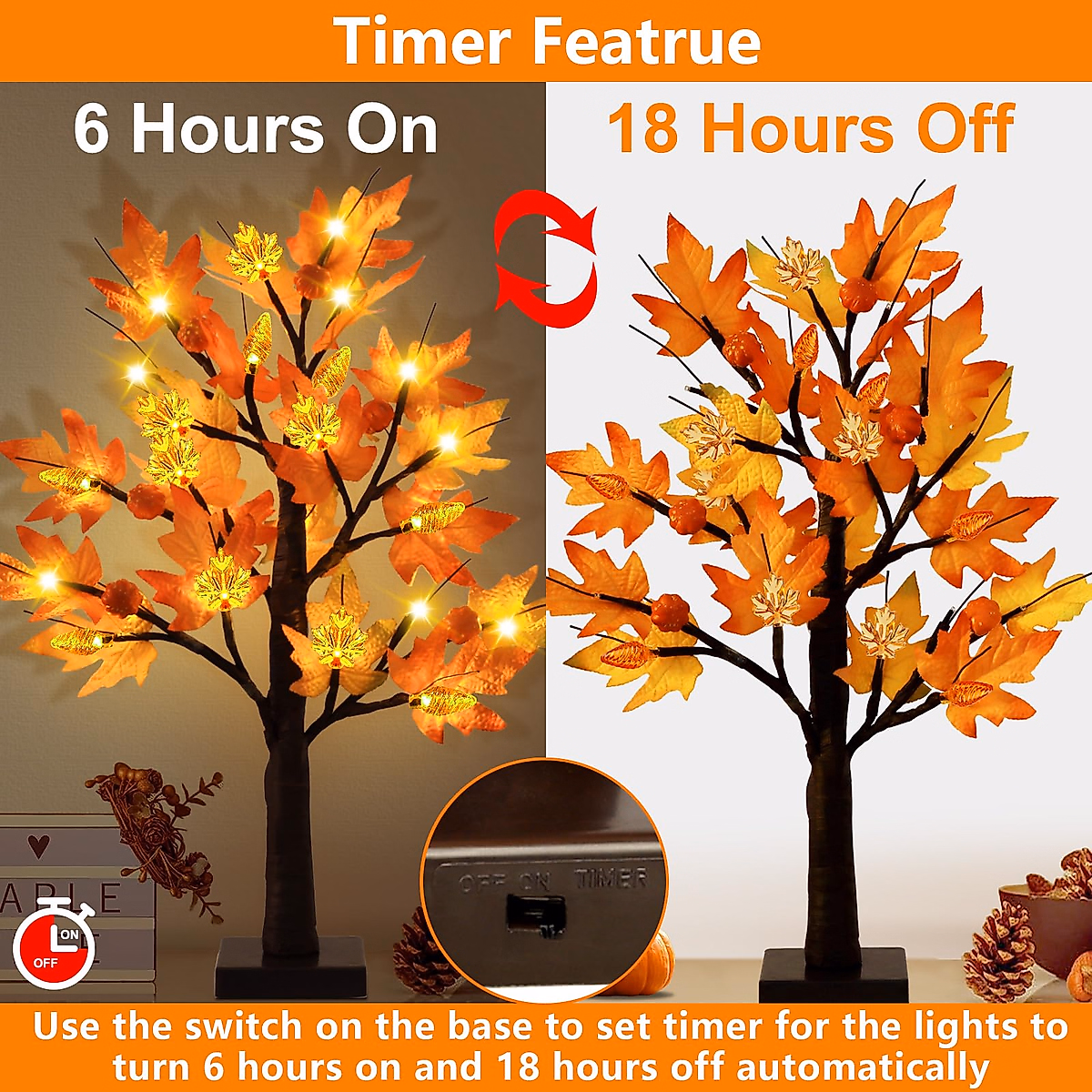 2 Pack Fall Decor 24 Inch Prelit Fall Maple Tree with 48 LEDs Timer Battery Operated, Fall Decoration Tabletop Acorn Pumpkin Maple Leaves Artificial Tree for Thanksgiving Harvest Indoor Decoration