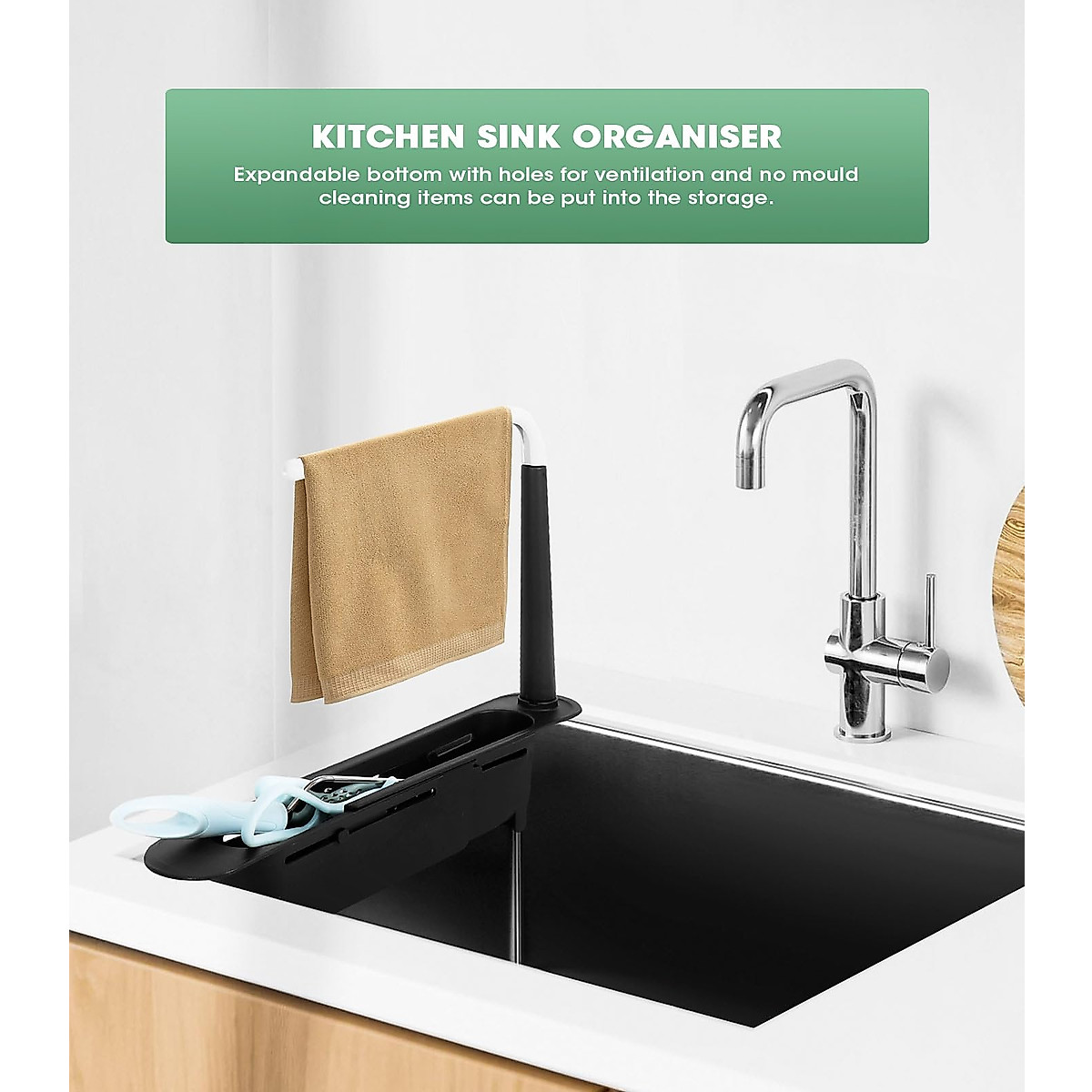 Regoia Under Sink Organizer and Storage 2 Pack with 1 Sponge Holder for Kitchen Sink, 2-Tier Sliding Bathroom Organizers and Storage, Kitchen Countertop Organization with Hooks and Hanging Cup, Black