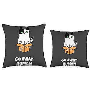 Cats Gifts - click to show more designs! Go Away Human Cat Kitty Box Funny Gift Black Throw Pillow, 18x18, Multicolor