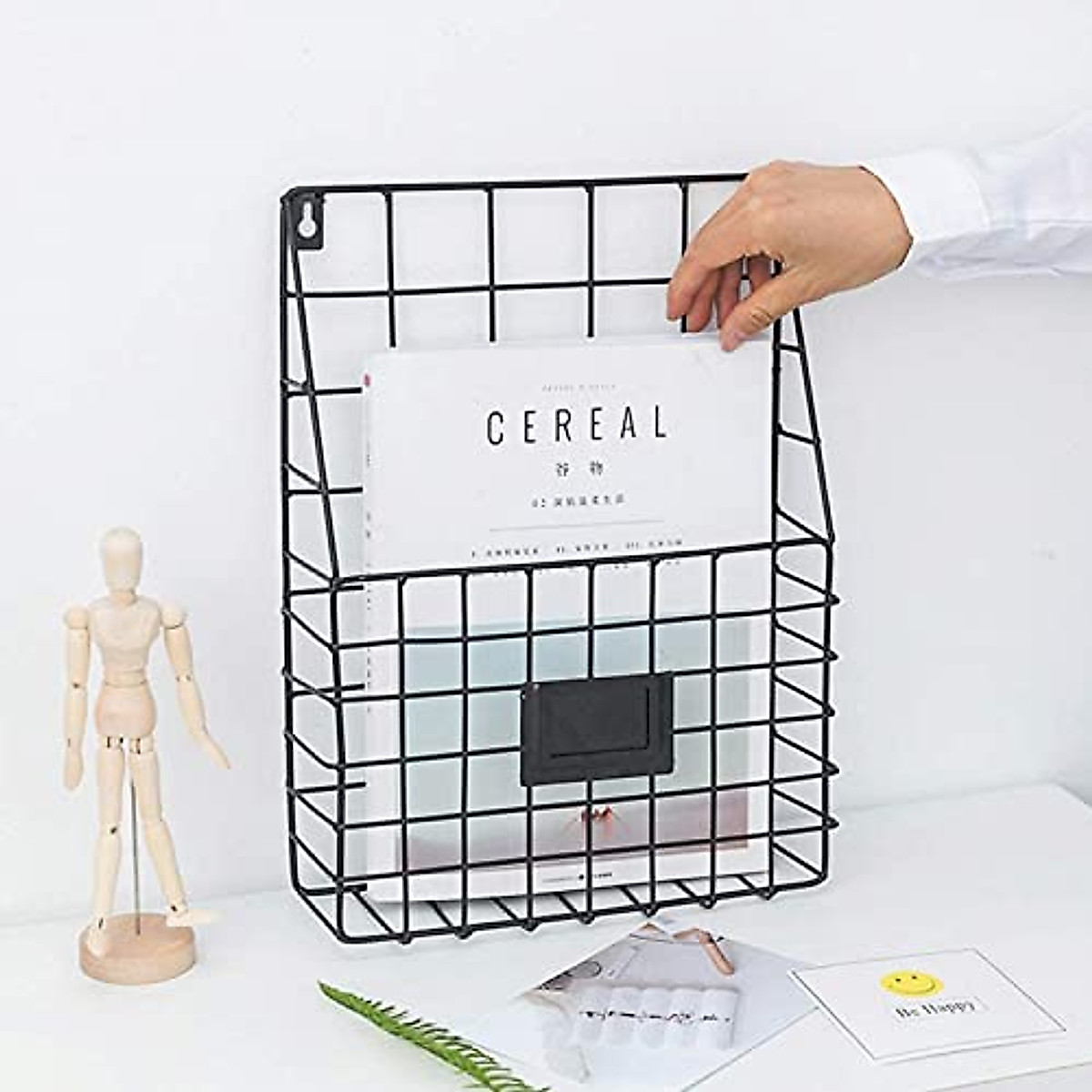 JIAXINO Nordic Wrought Iron Storage Basket Magazine Newspaper Storage Rack Wall Mount Home Decoration Office Debris Storage Basket (Black)